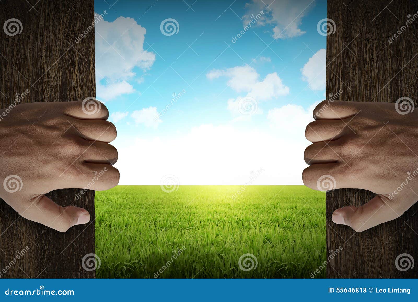 Man Hand Open Door into Outside Stock Photo - Image of cloud, access ...
