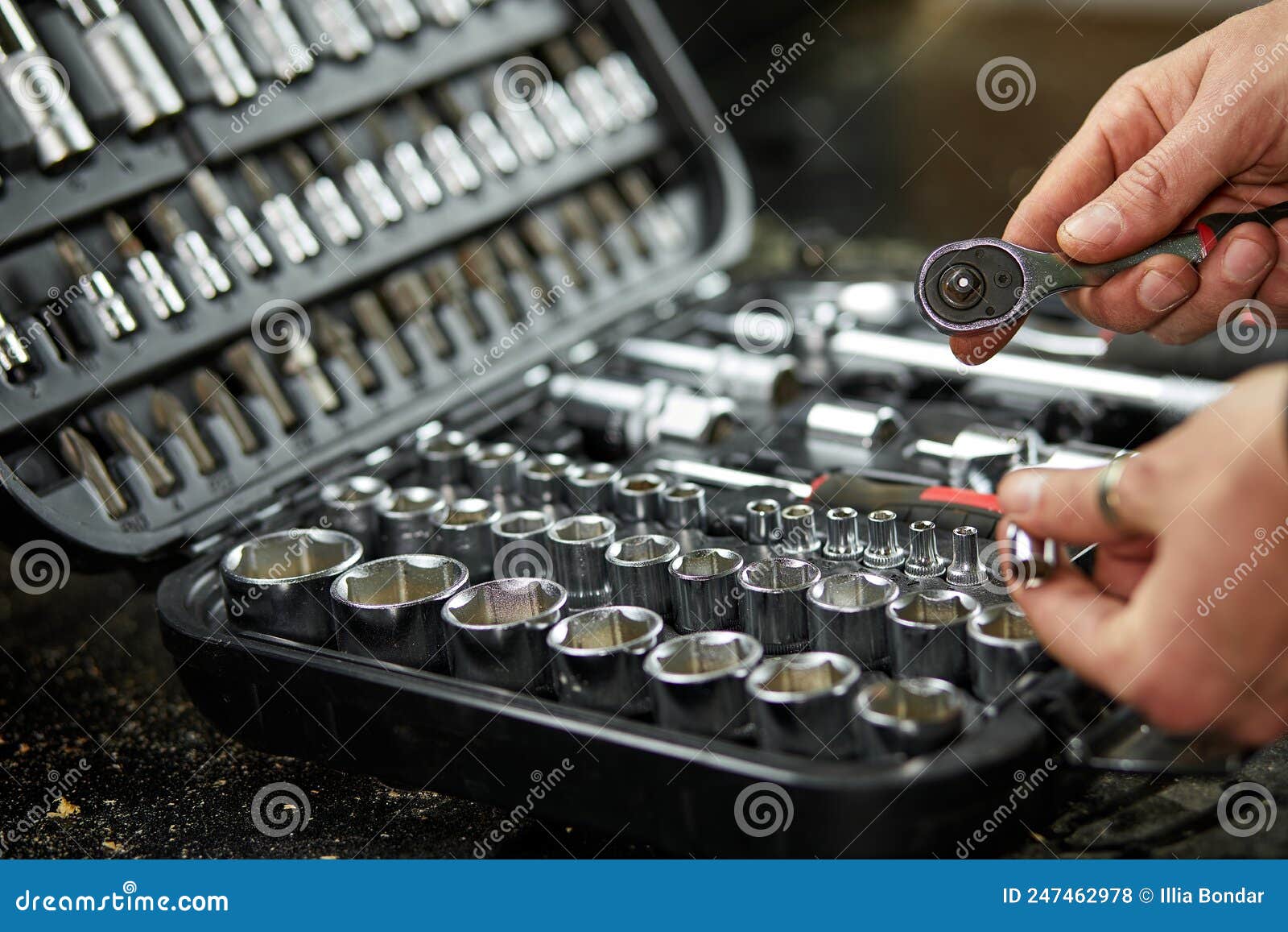 Man Hand Open Set Box with Working Tools Different Types of Metal Steel ...