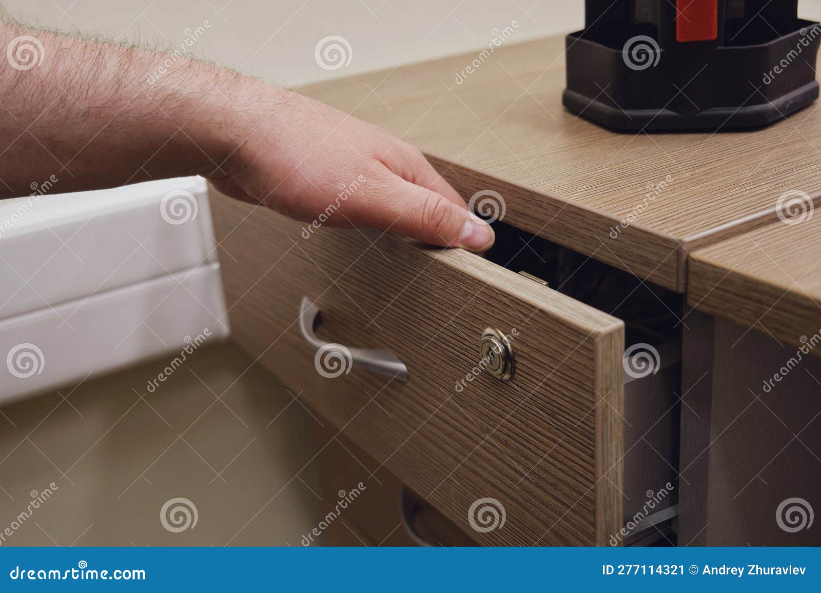 Man Hand Opens the Office Desk Drawer, Close Up Stock Image - Image of ...
