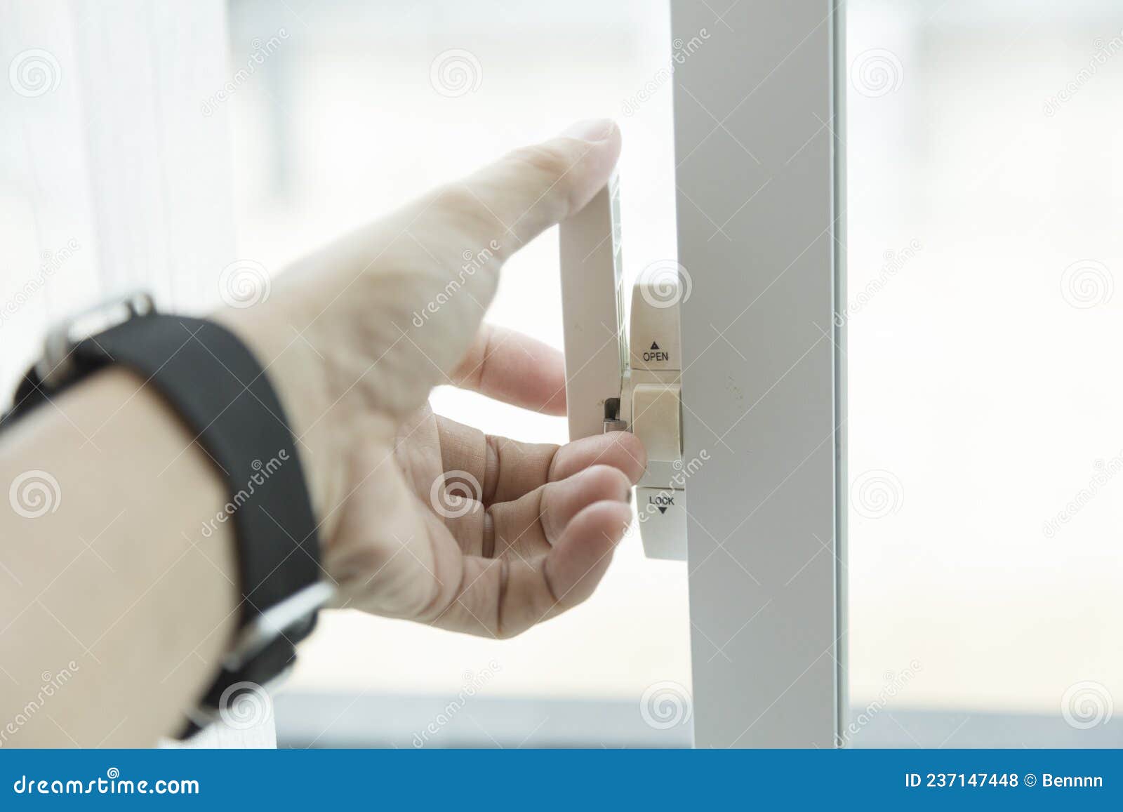 Man Hand Opens a Plastic Window by the Handle. Stock Photo - Image of ...