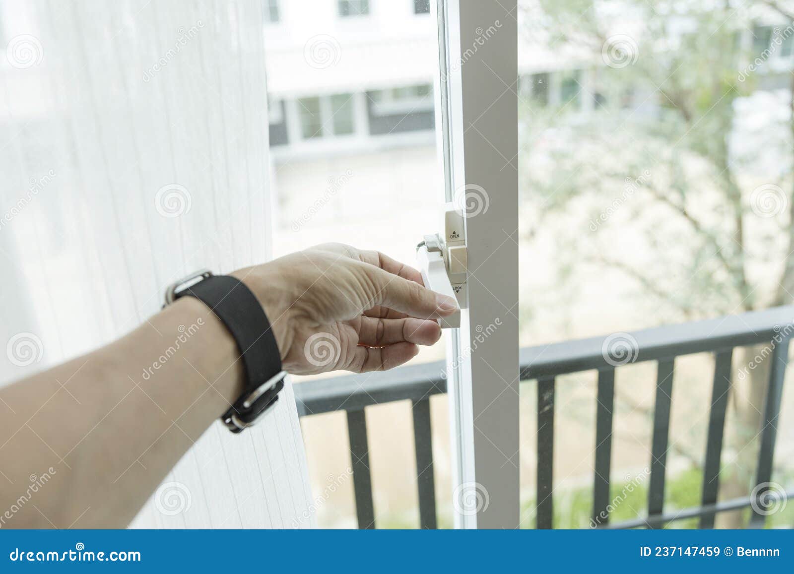 Man Hand Opens a Plastic Window by the Handle. Stock Image - Image of ...