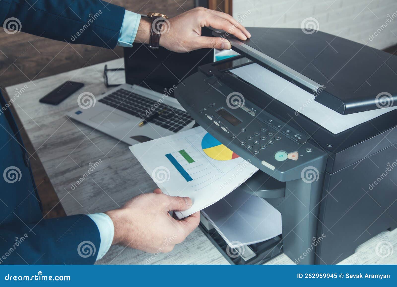Man hand paper and printer stock image. Image of printer - 262959945