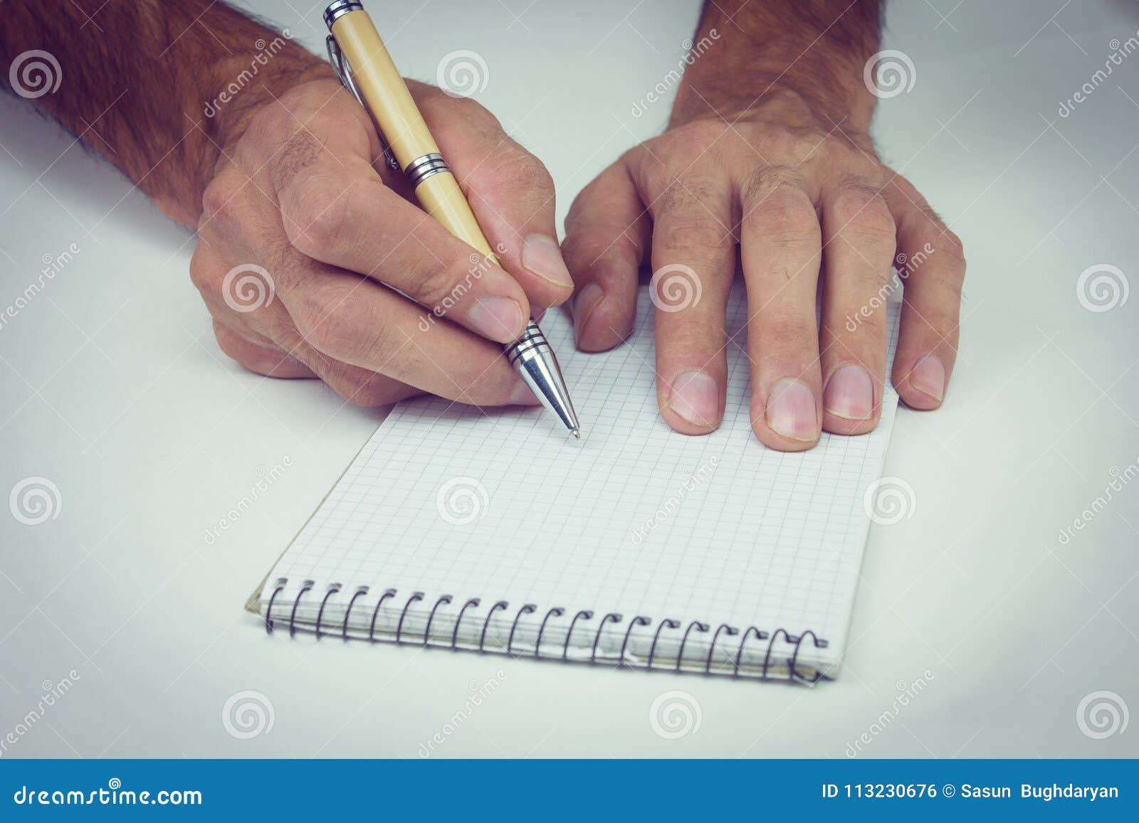 Man Hand with Pen Writing on Notebook. Stock Photo - Image of closeup ...