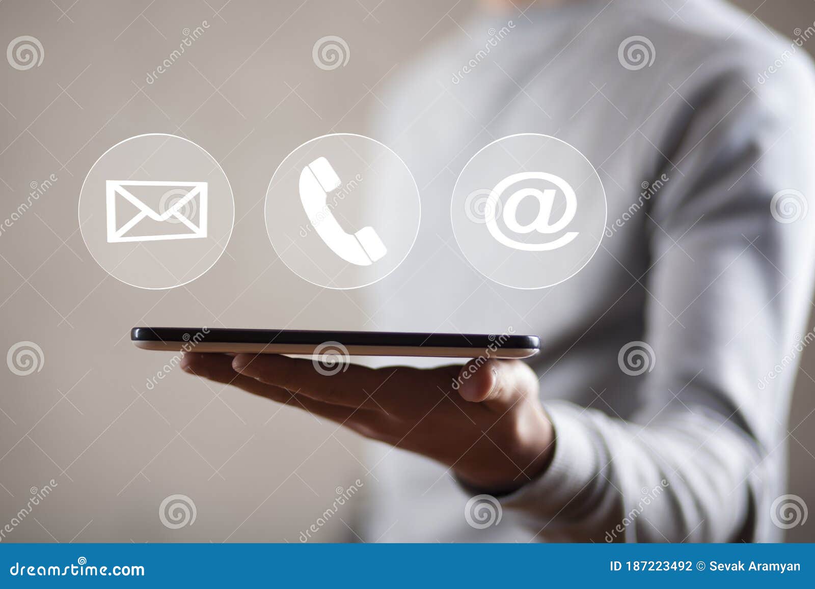 Man Hand Phone with Contact Icons in Screen Stock Photo - Image of ...