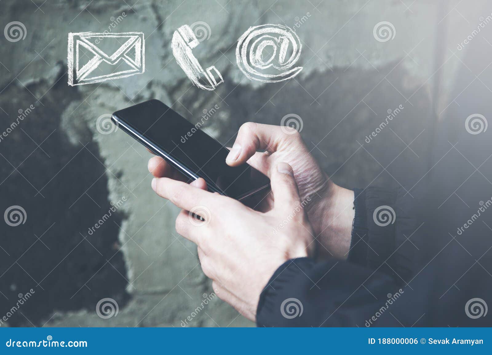 Man Hand Phone with Contact Icons in Screen Stock Photo - Image of ...
