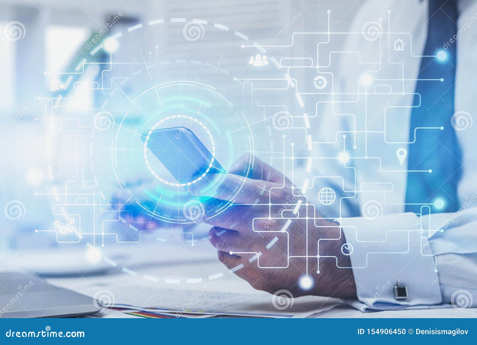 Man Hand with Phone and HUD Interface Stock Photo - Image of immersive ...