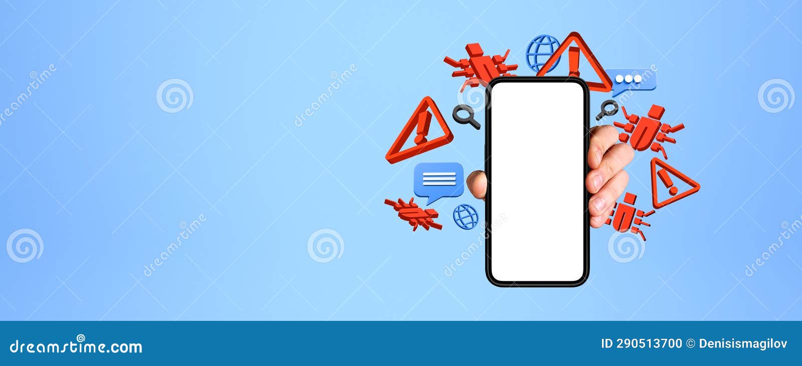 Man Hand with Phone, Malware Alert and Bug Icons Stock Photo - Image of ...