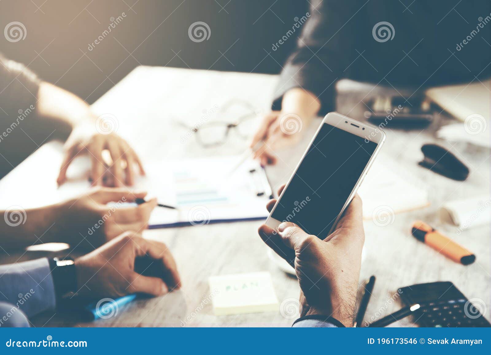 Man Hand Phone with Team Work Stock Photo - Image of view, people ...