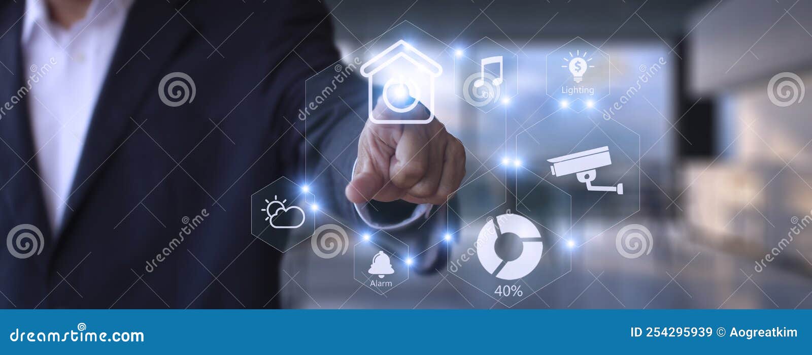 Man Hand Point Smarth Home GUI in Livingroom. Hand Use Smart Screen ...