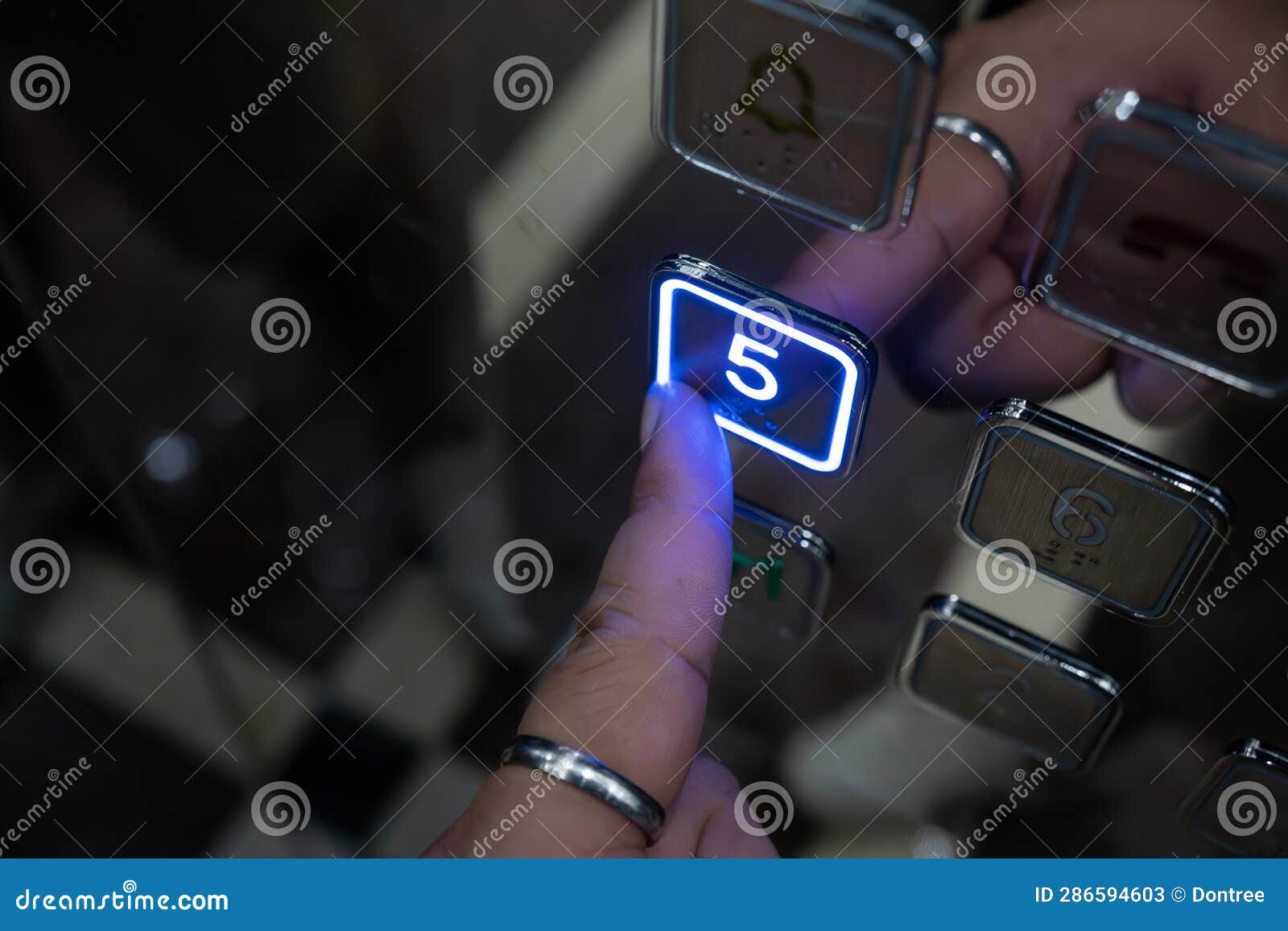 Man Hand Pressing Button of Elevator To Fifth Floor Stock Image - Image ...