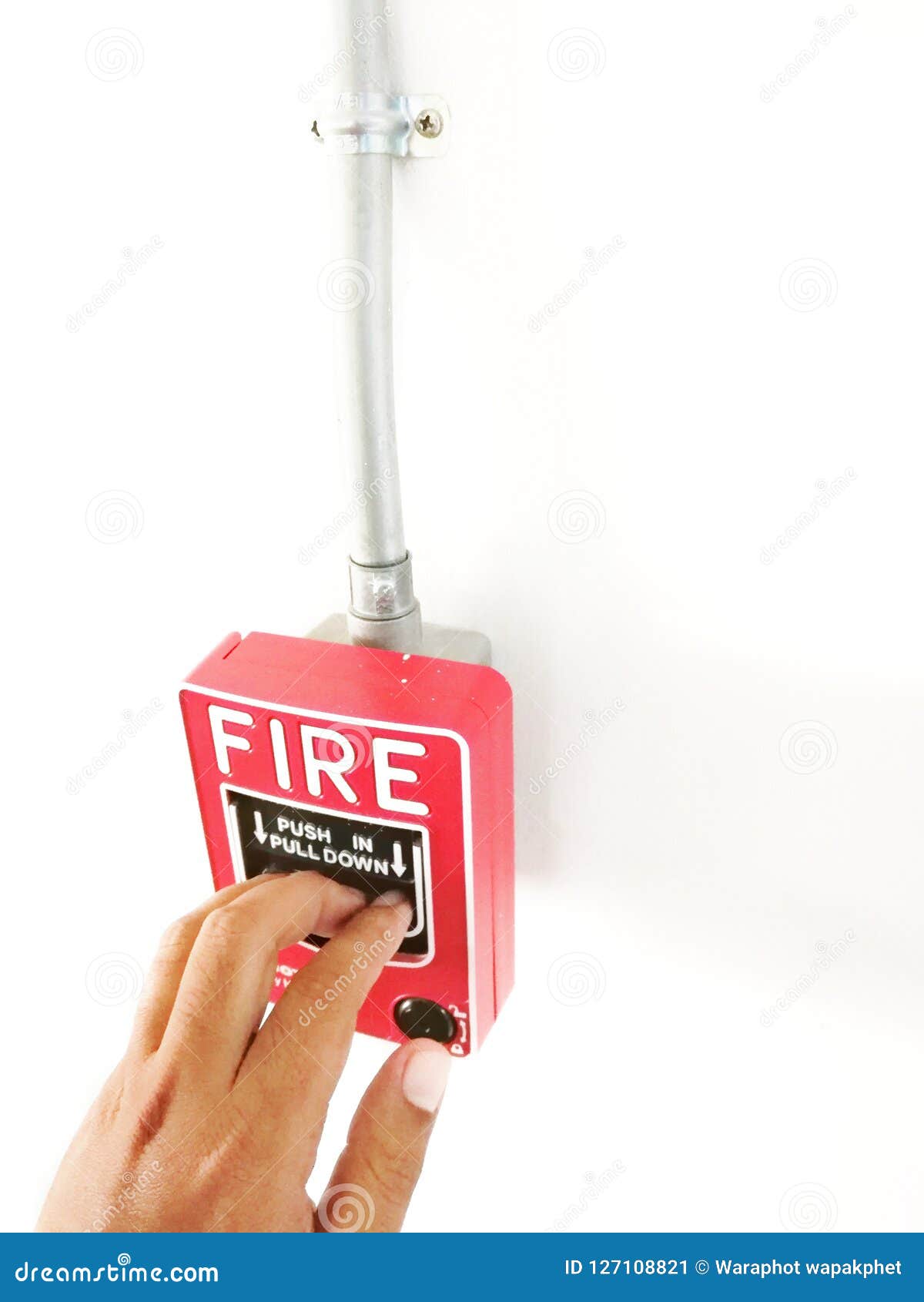 Man Hand Pressing Fire Alarm on White Wall. Stock Image - Image of ...