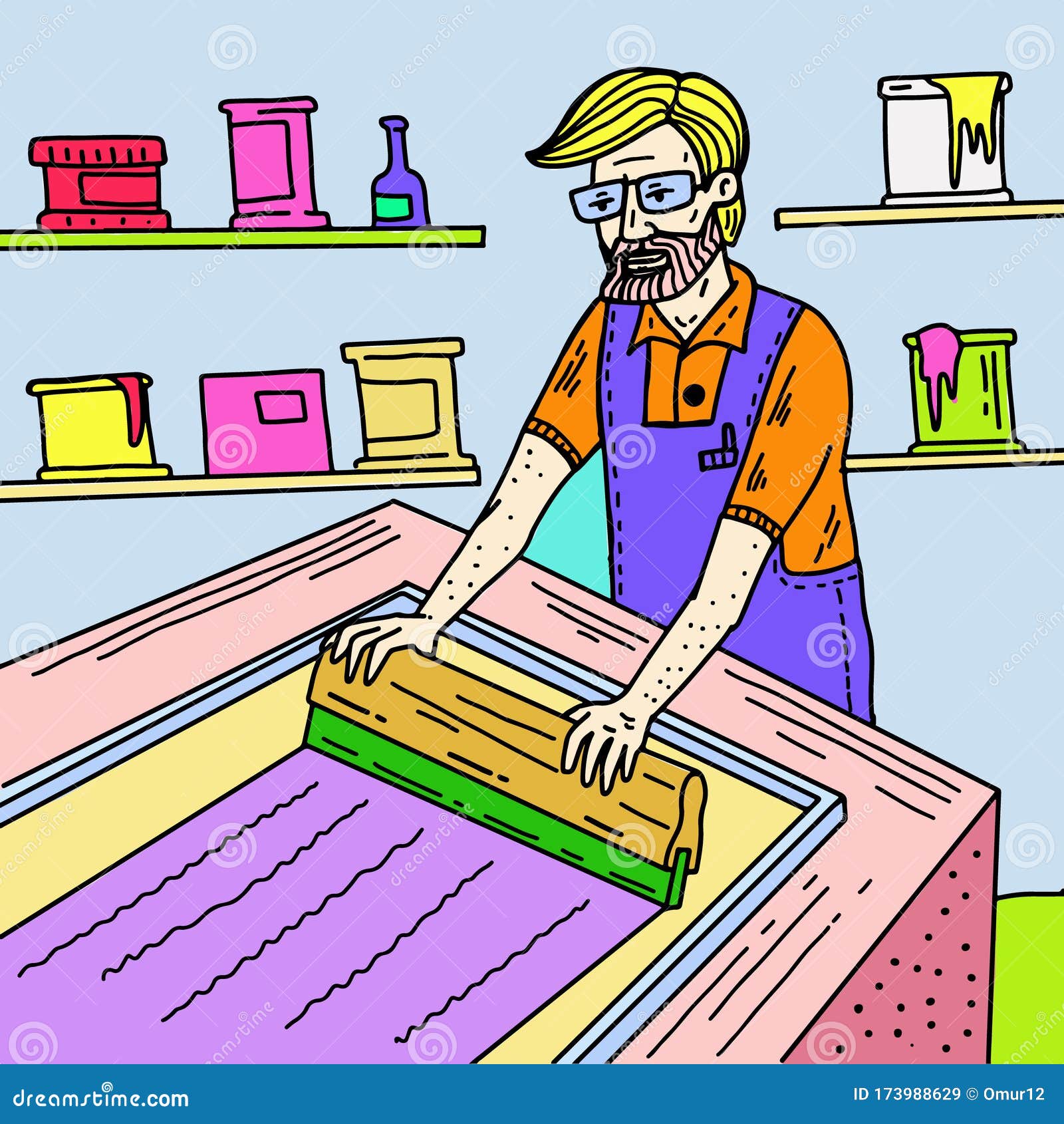 Man Hand Print Silkscreen Printer in Printshop Stock Illustration ...