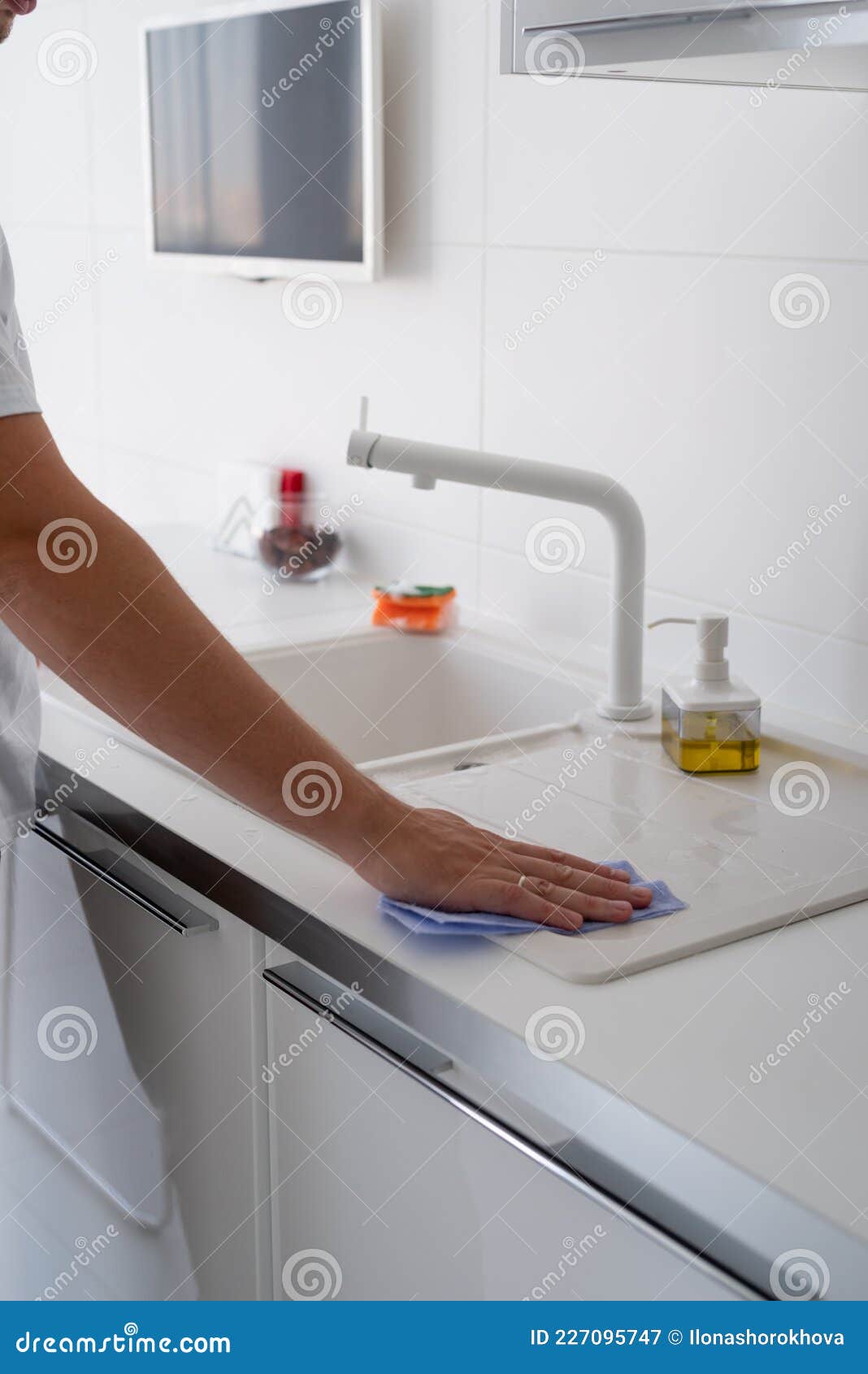 Man Hand with Rag Cleaning the Kitchen Surfaces Stock Image - Image of ...