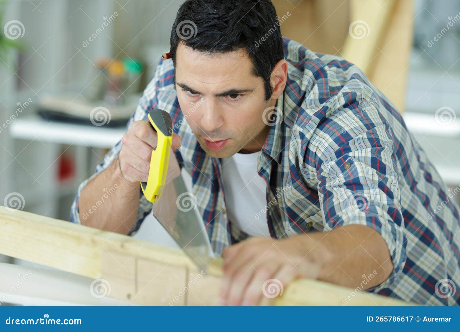 Man Hand with Saw Cutting Wooden Stock Image - Image of craft, tool ...