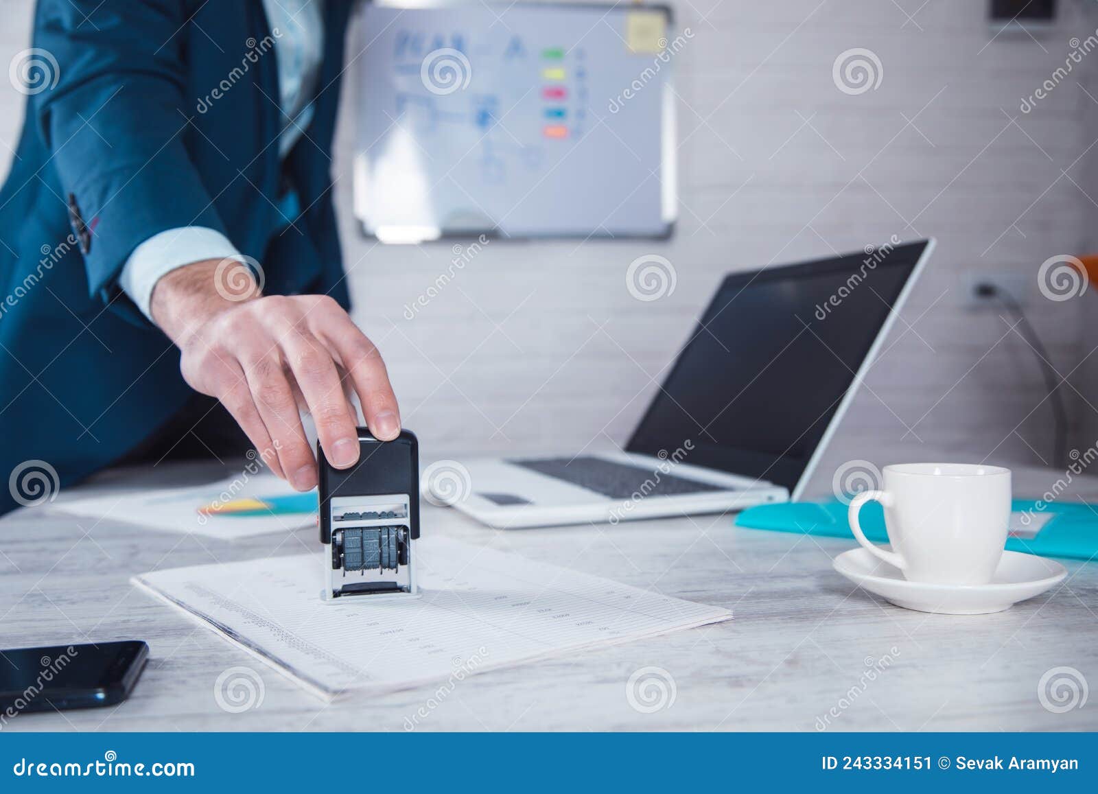 Man Hand Seal and Document with Computer Stock Image - Image of ...