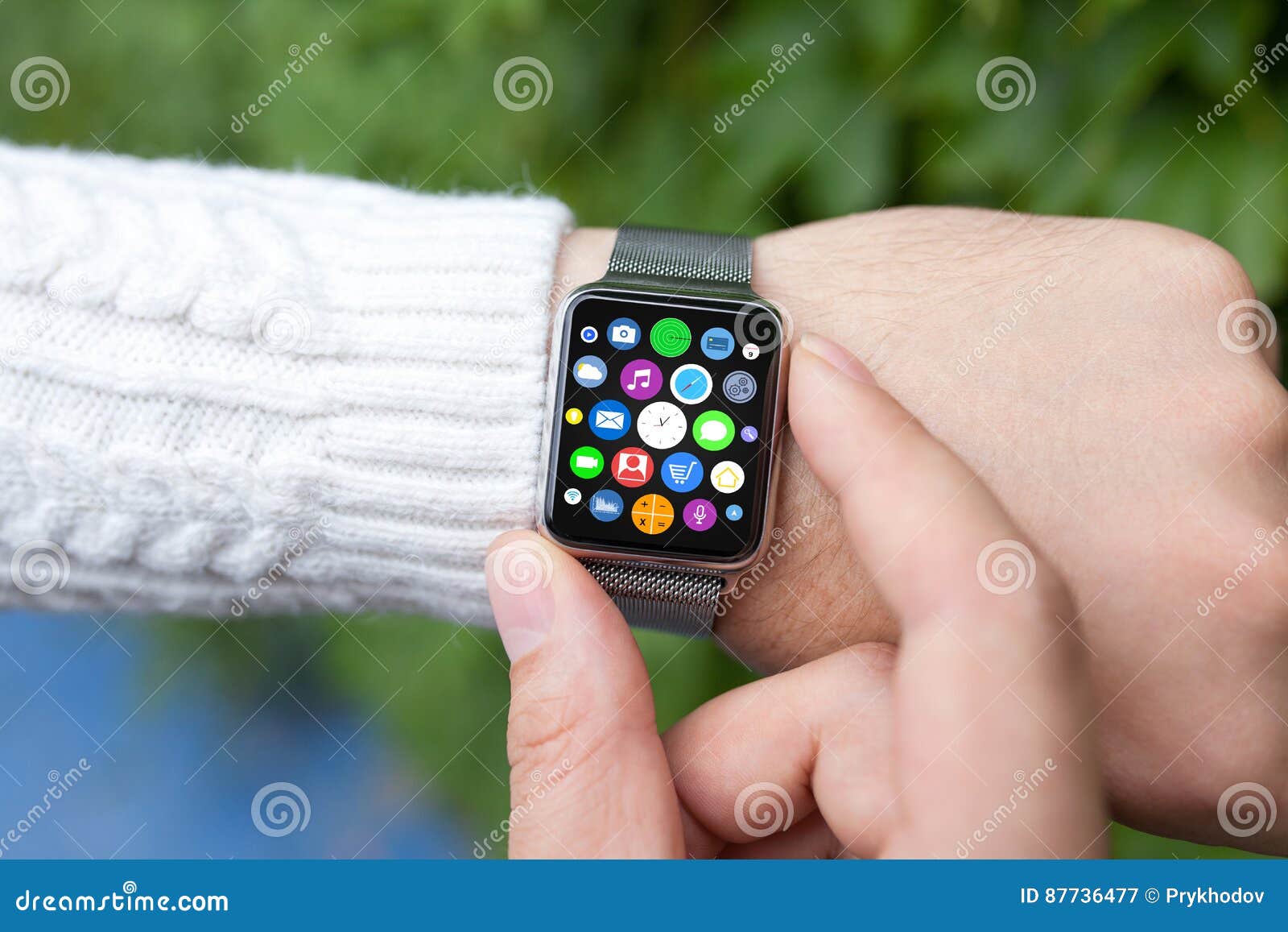 Man Hand Smart Touch Watch with Home Screen Icons Apps Stock Image ...