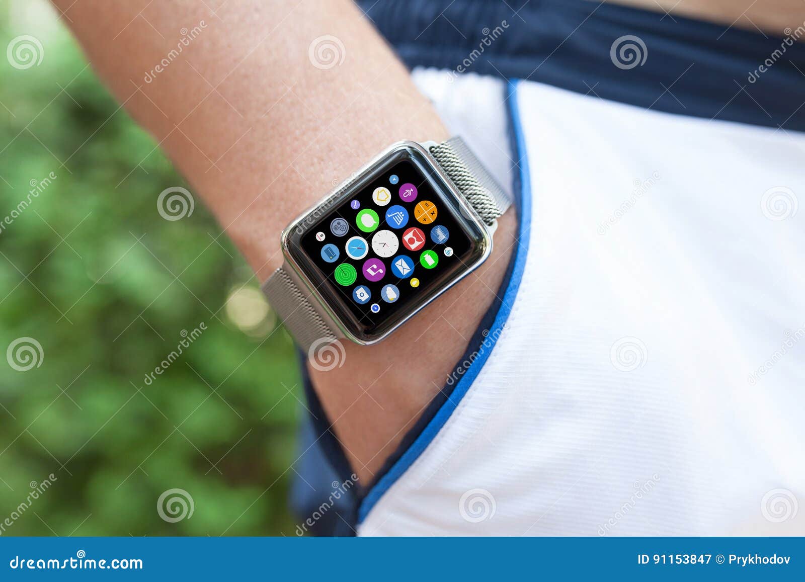 Man Hand Smart Touch Watch with Home Screen Icons Apps Stock Image ...
