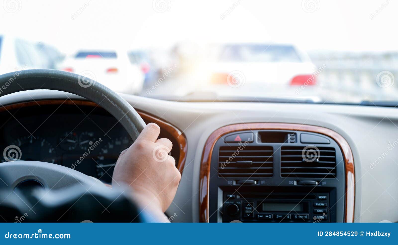 Man Hand on Steering Wheel Inside of a Car Stock Image - Image of busy ...