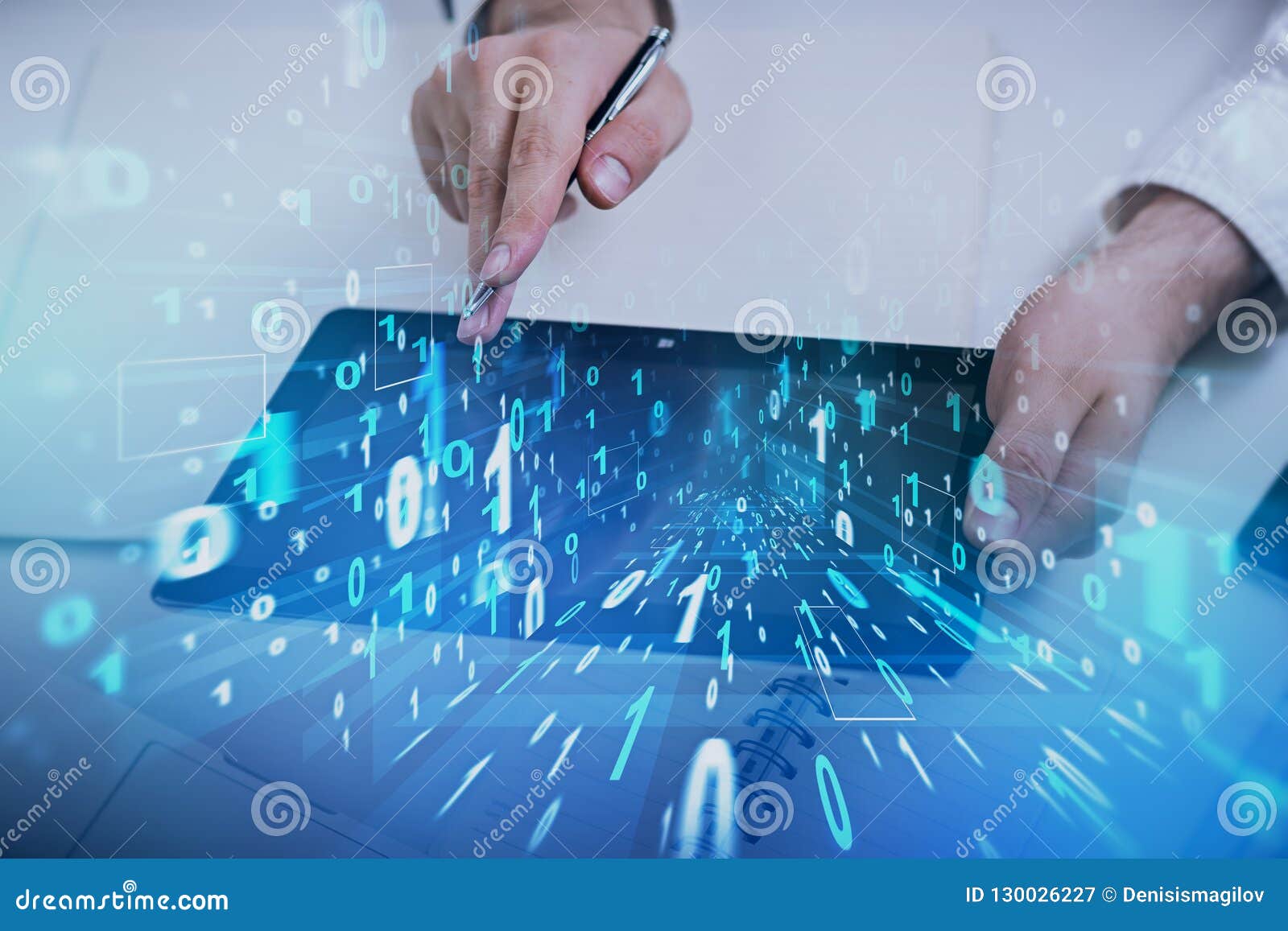 Man Hand with Tablet, Binary Code Stock Image - Image of future ...