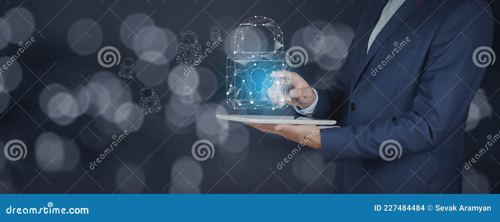 Man Hand Tablet with Lock in Screen. Stock Photo - Image of protection ...