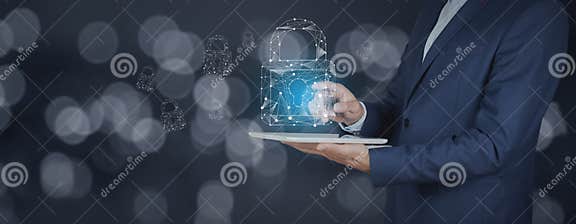 Man Hand Tablet with Lock in Screen. Stock Photo - Image of protection ...