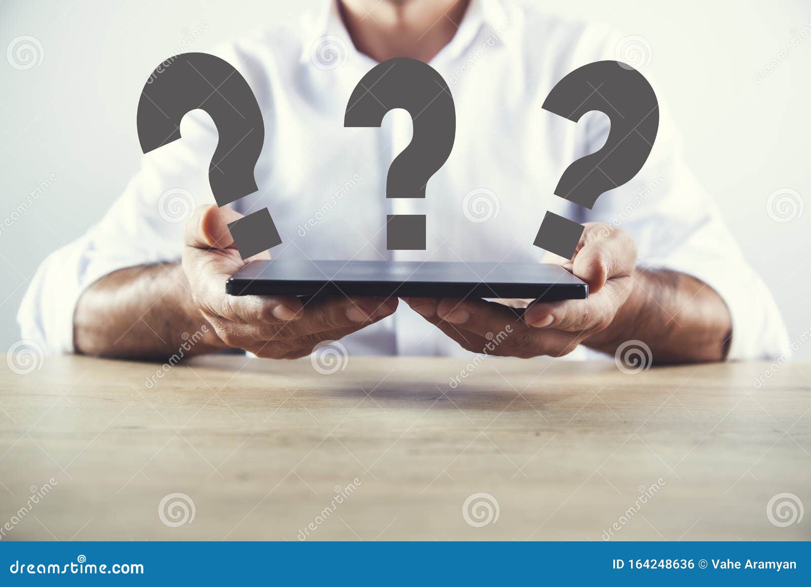 Man Hand Tablet with Question Mark Stock Photo - Image of flowchart ...