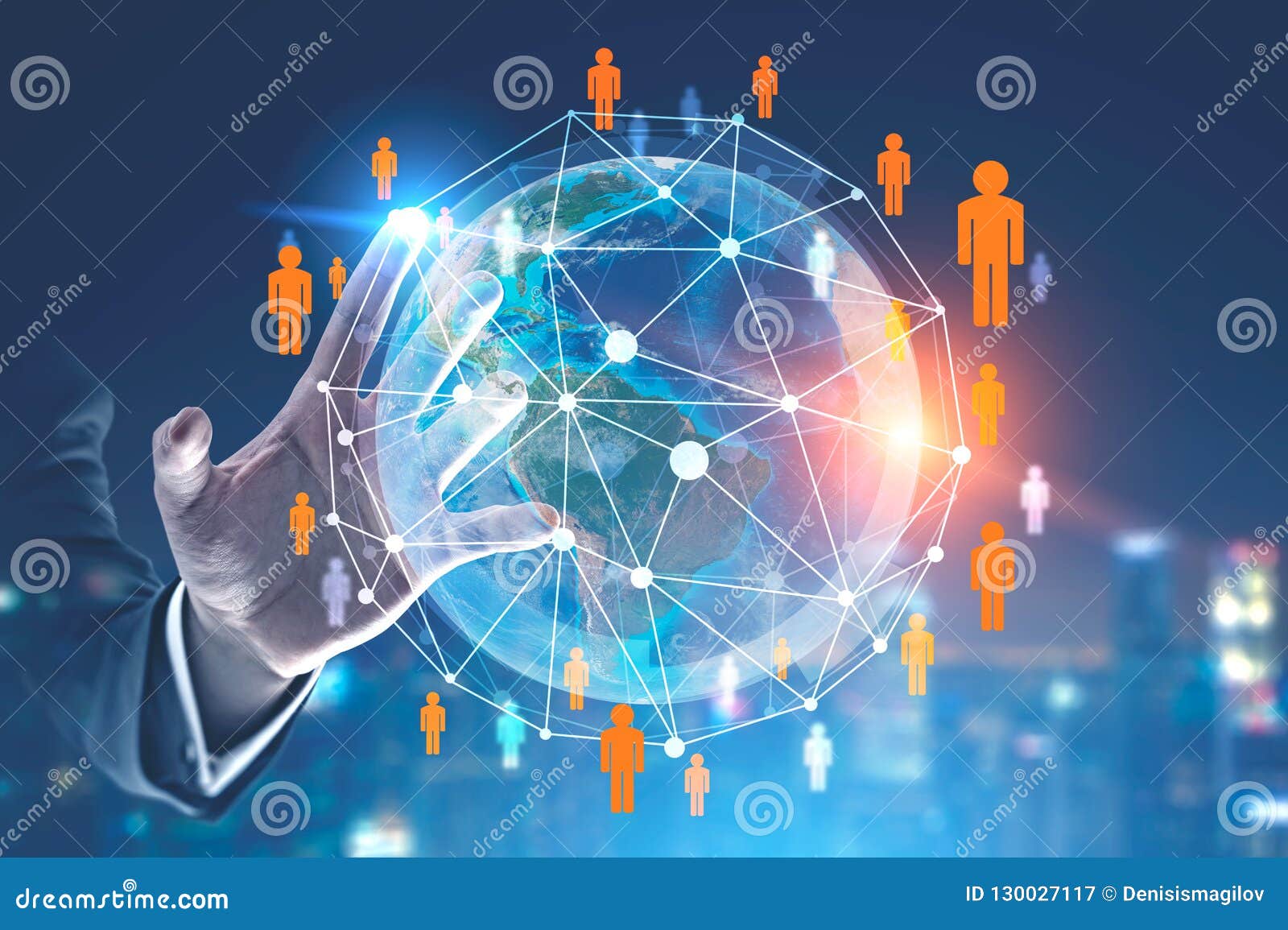 Man Hand Touching Global Network, City Stock Illustration ... Man Hand Touching Global Network, City Stock Illustration ...
