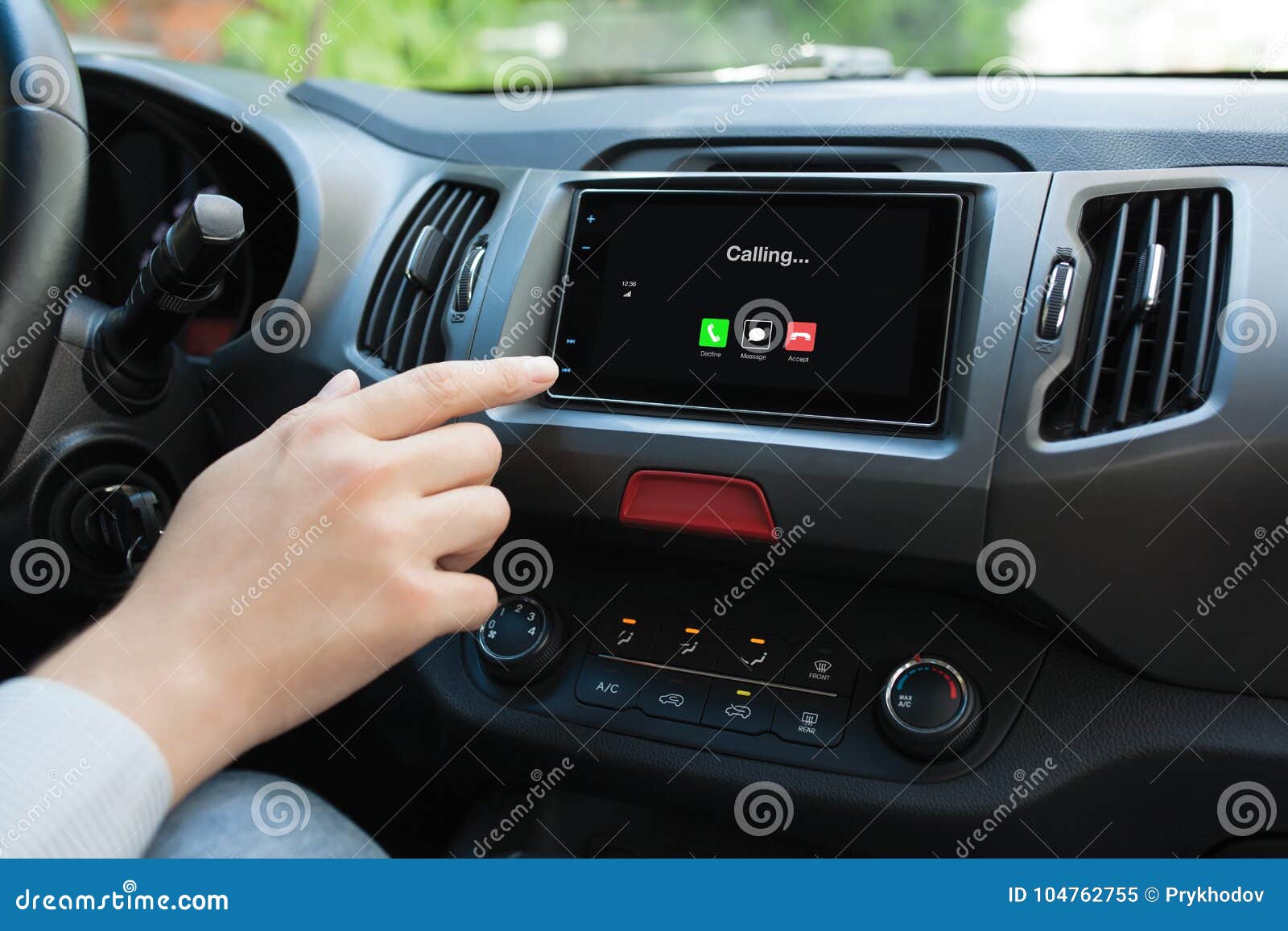 Man Hand Touching Multimedia System with Phone Calling on Screen Stock ...