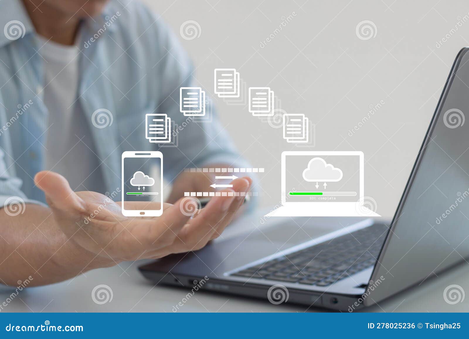 Man Hand Transfer File in Screen, Smartphone and Laptop Data Transfer ...