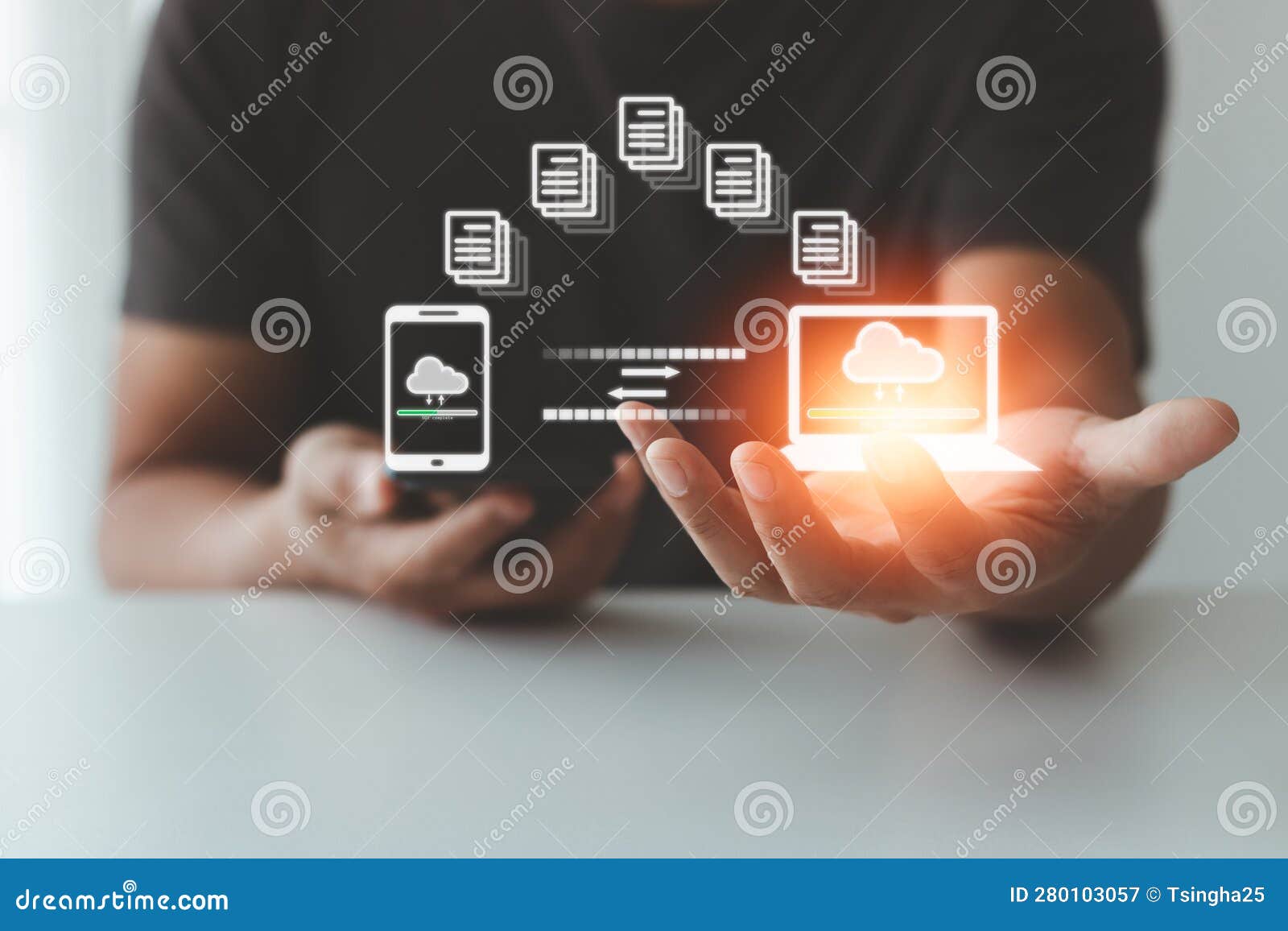 Man Hand Transfer File in Screen, Smartphone and Laptop Data Transfer ...
