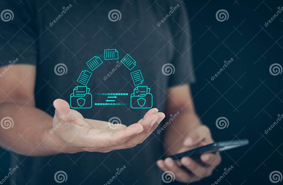 Man Hand Transferring Files in Virtual Screen for Send of Document on ...