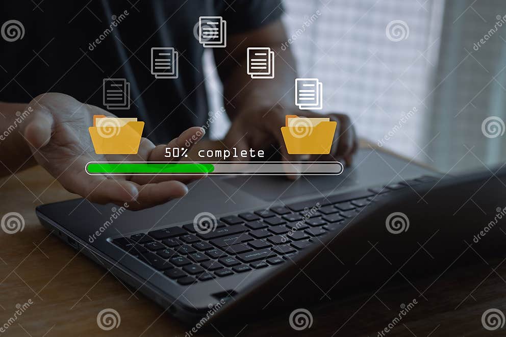 Man Hand Transferring Files in Virtual Screen for Send of Document on ...