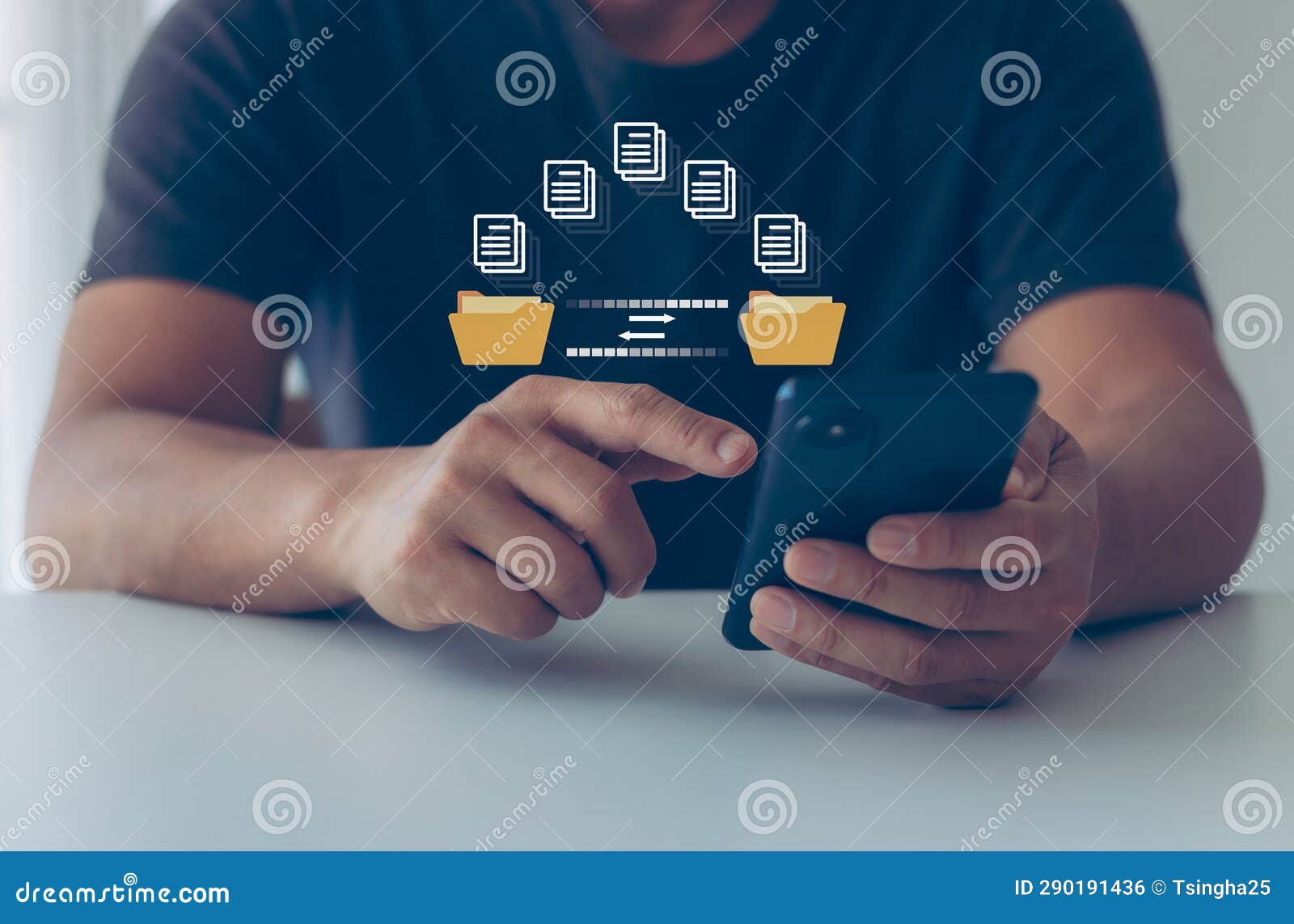 Man Hand Transferring Files in Virtual Screen for Send of Document on ...