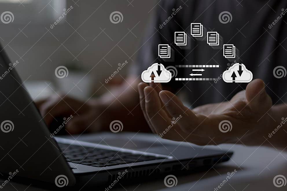 Man Hand Transferring Files in Virtual Screen for Send of Document on ...