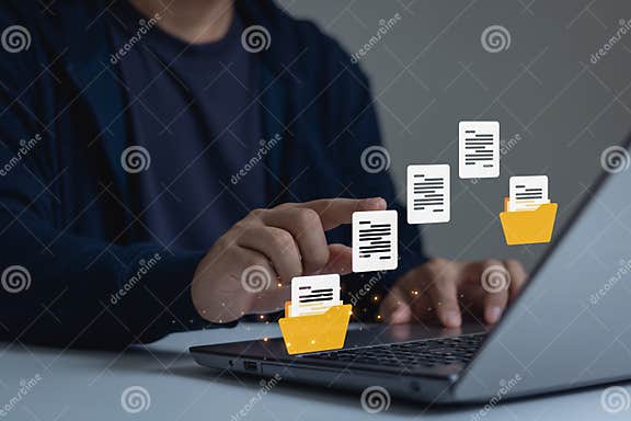 Man Hand Transferring Files in Virtual Screen for Send of Document on ...
