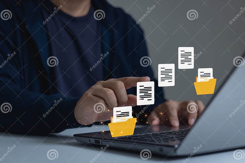 Man Hand Transferring Files in Virtual Screen for Send of Document on ...