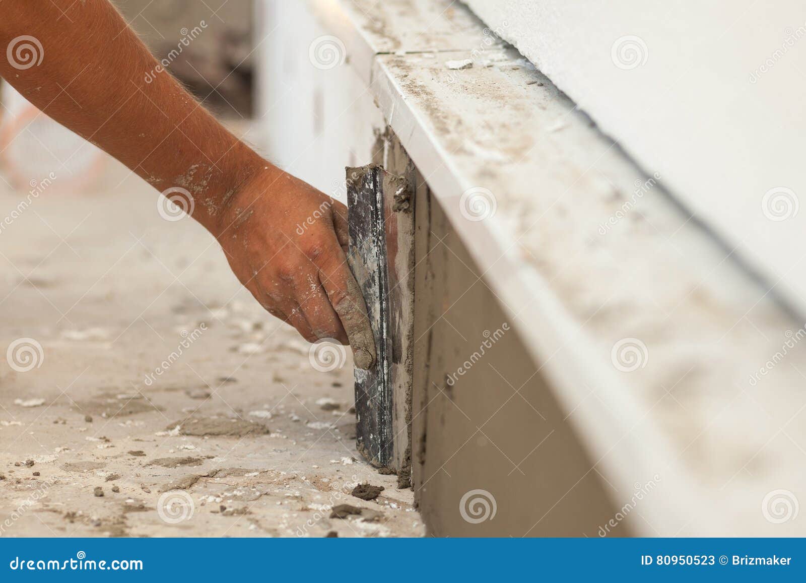 Man Hand with Trowel Plastering a Foundation of House Stock Image ...