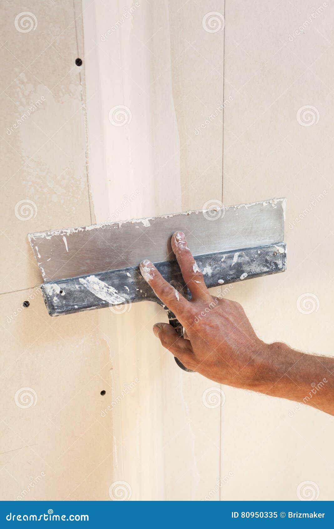 Man Hand with Trowel Plastering a Plasterboard. Stock Image - Image of ...