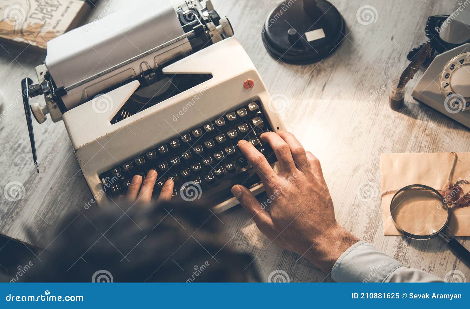 Man hand typewriter stock image. Image of background - 210881625
