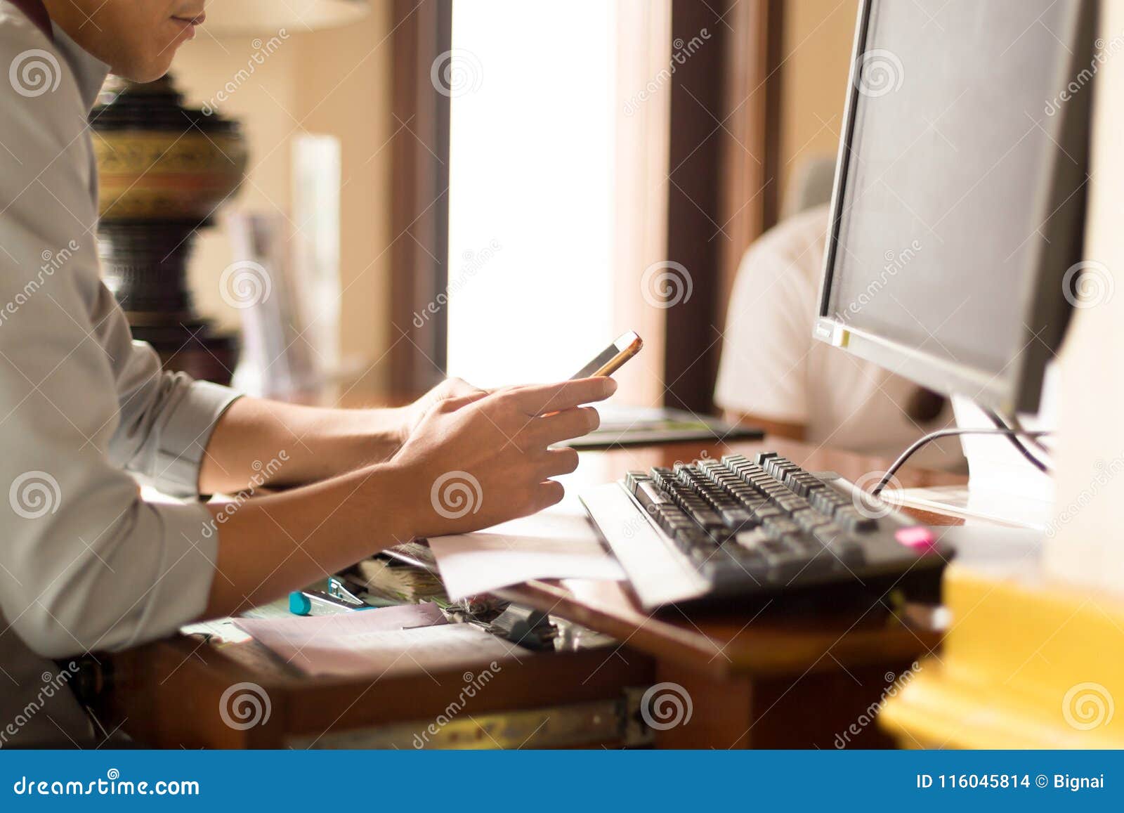 Man Hand Use Phone and Pc Computer Internet Stock Photo - Image of desk ...