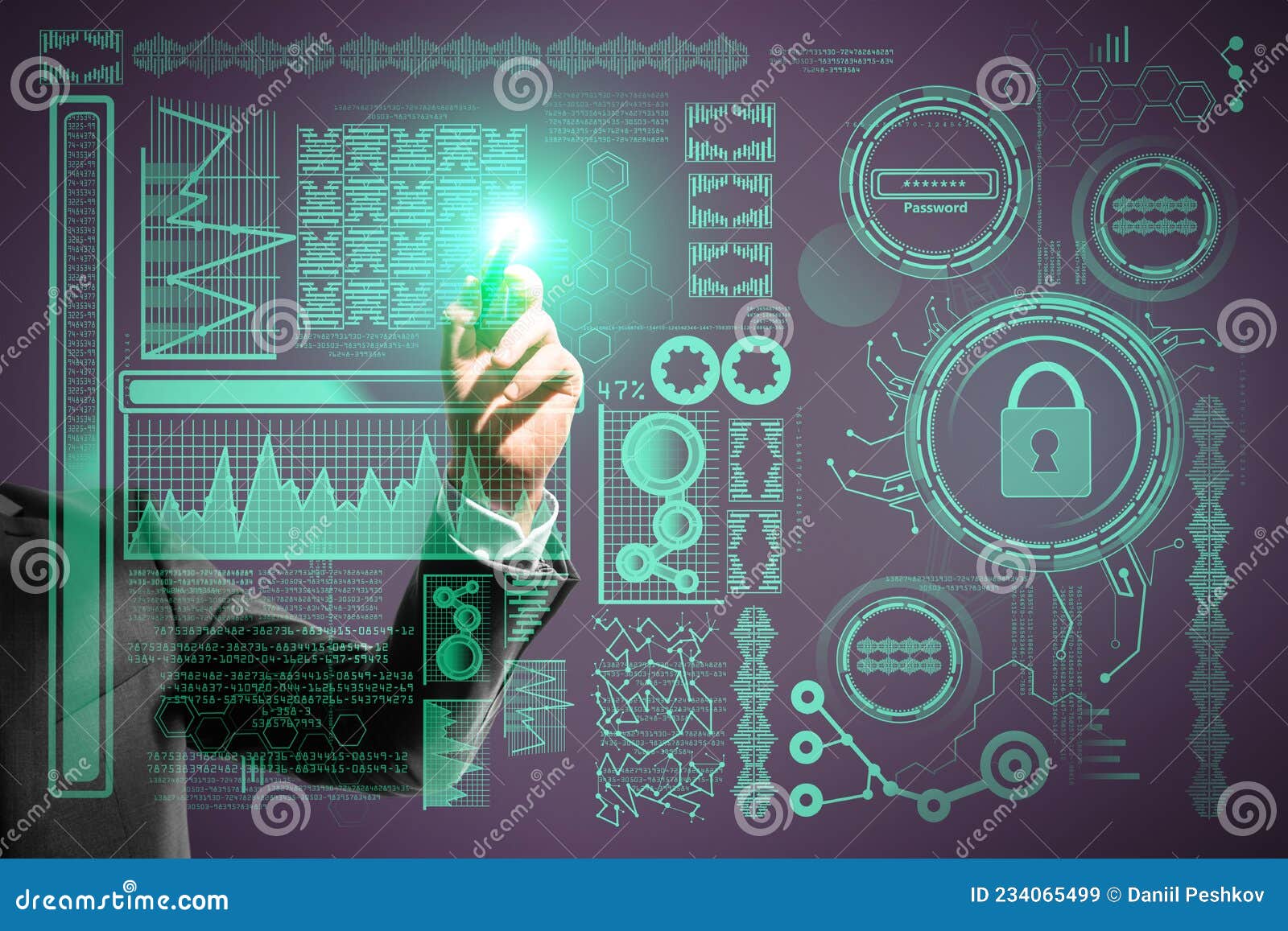 Man Hand Using Abstract Digital Business Interface on Dark Background ...