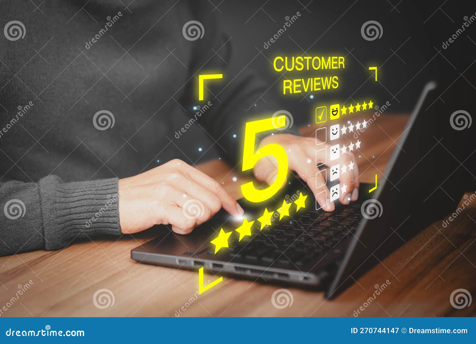 Man Hand Using a Computer Laptop with Pop Up Smiley Face and Five Star ...