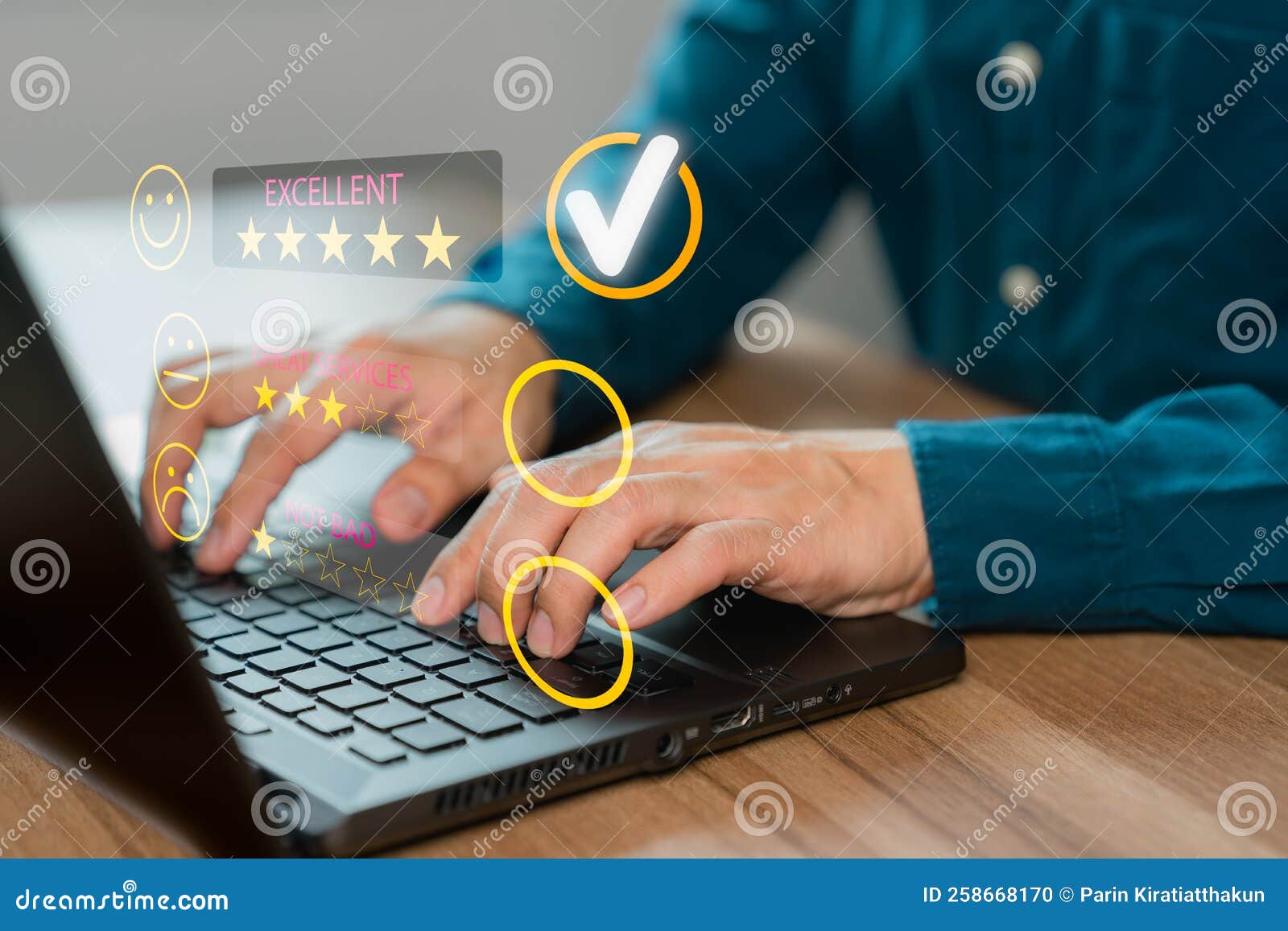 Man Hand Using Computer Laptop with Popup Five Star Icon for Feedback ...