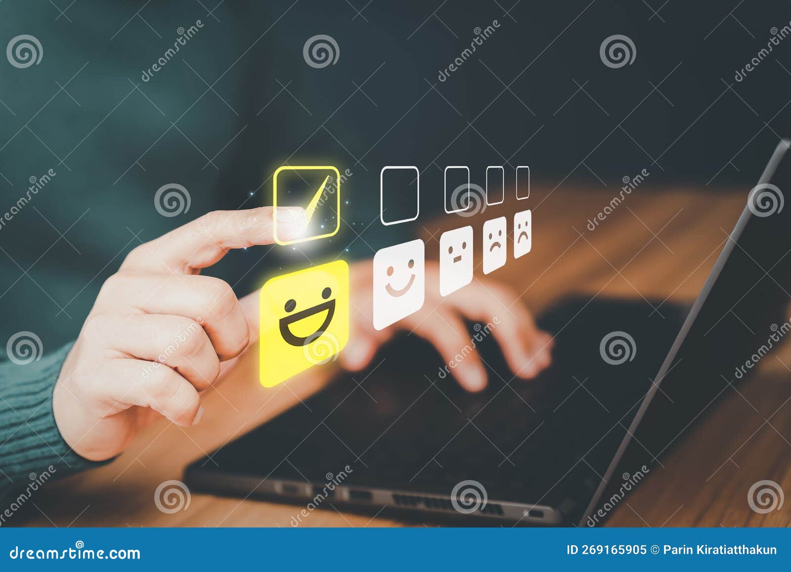 Man Hand Using Computer Laptop with Popup Five Star Icon for Feedback ...