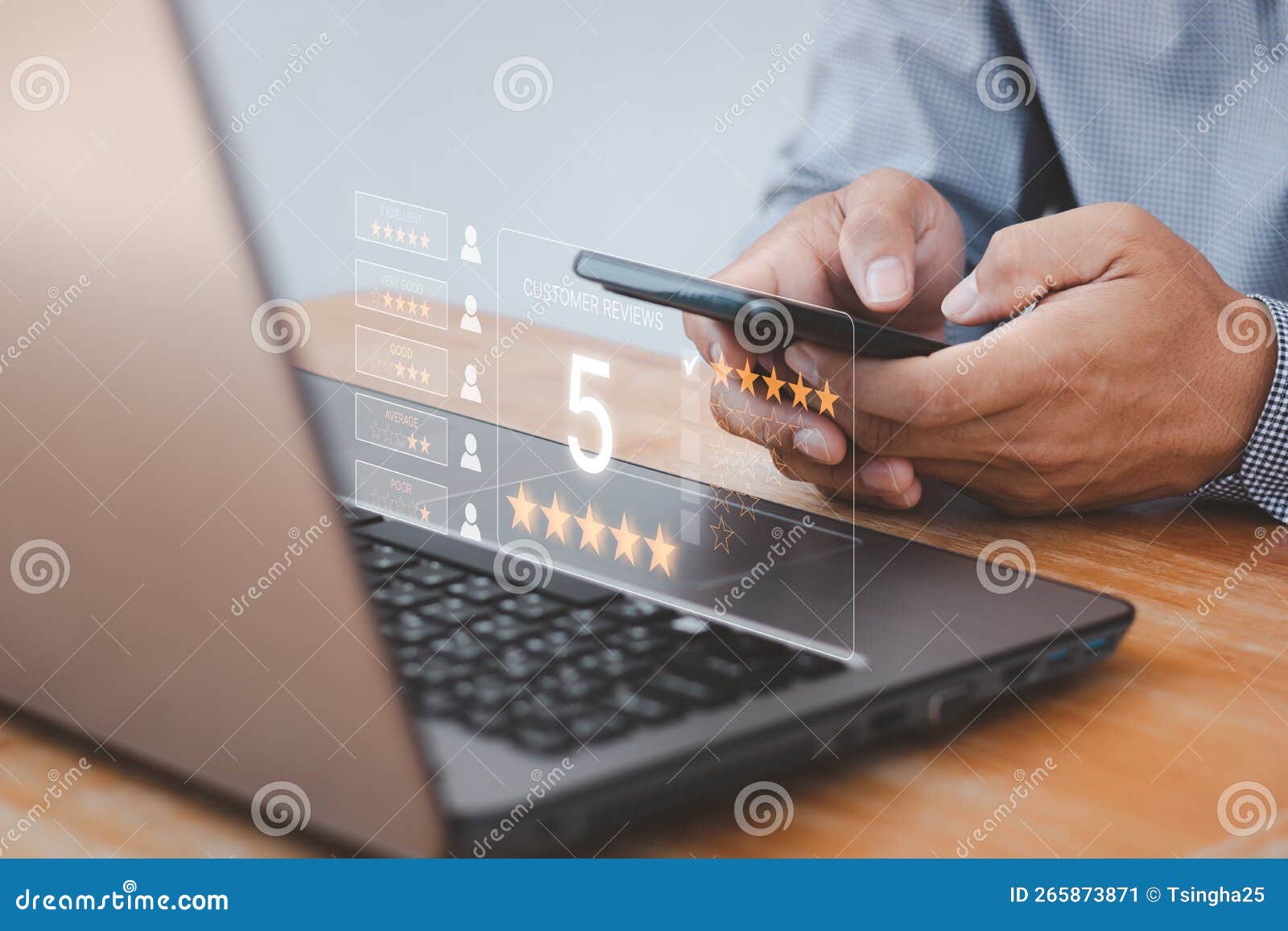 Man Hand Using Computer Notebook with Popup Five Star Icon for Feedback ...