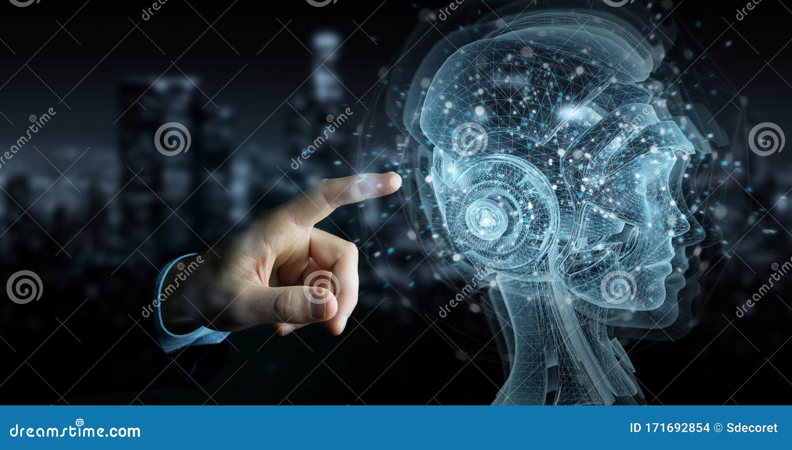 Man Hand Using Digital Artificial Intelligence Holographic Projection ...