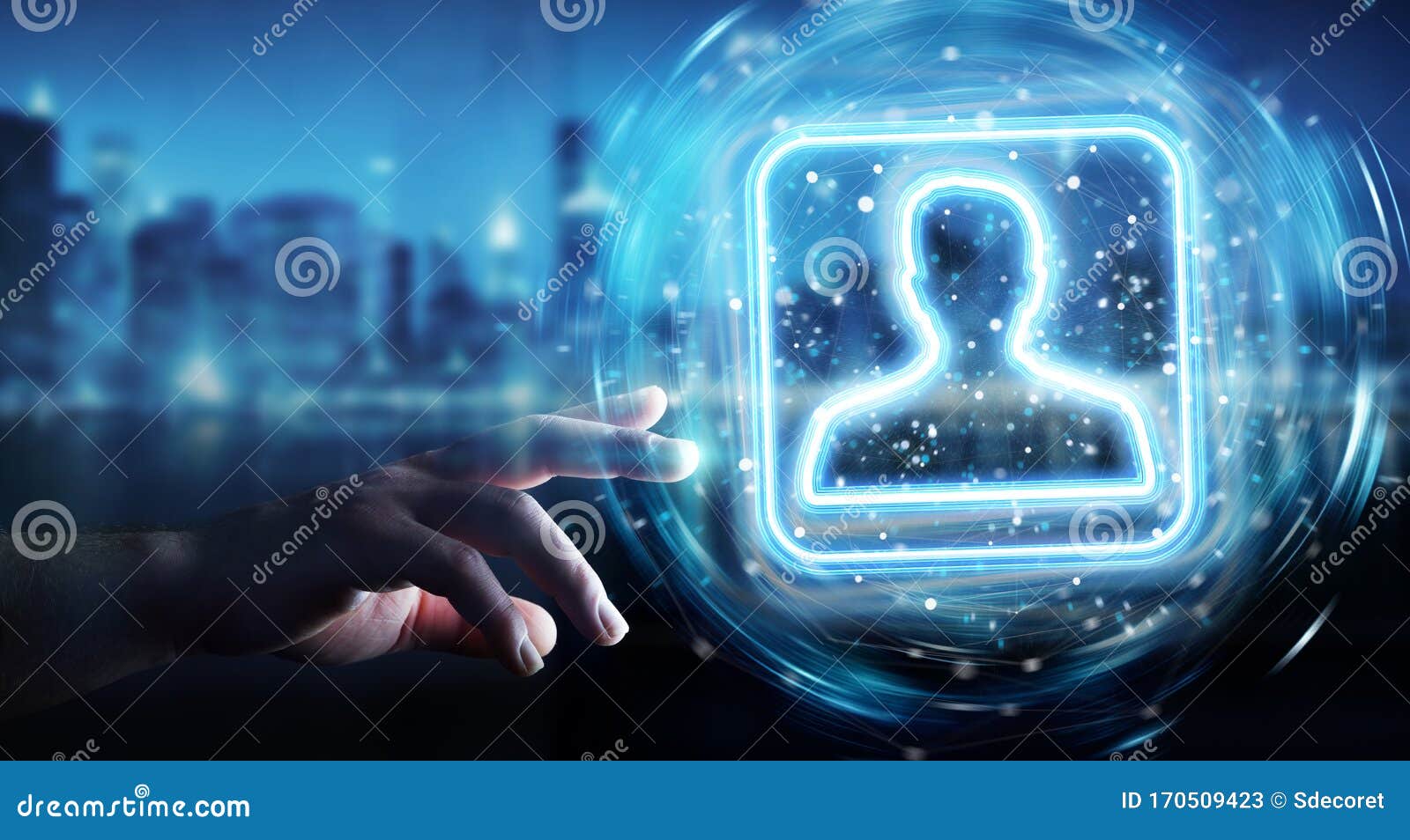 Man Hand Using Digital Blue Holographic User Interface 3D Rendering ...