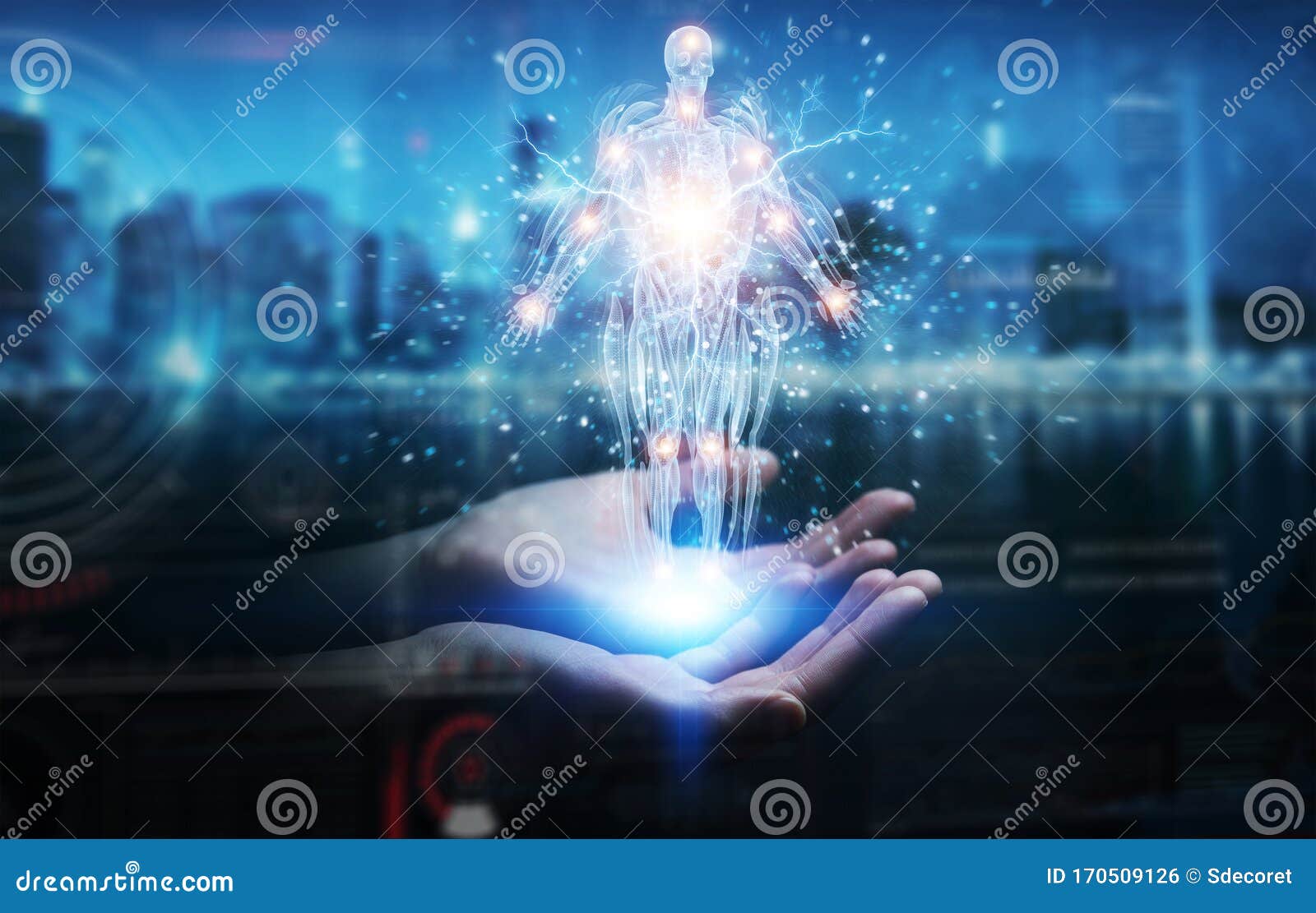 Man Hand Using Digital X-ray Human Body Holographic Scan Projection 3D ...