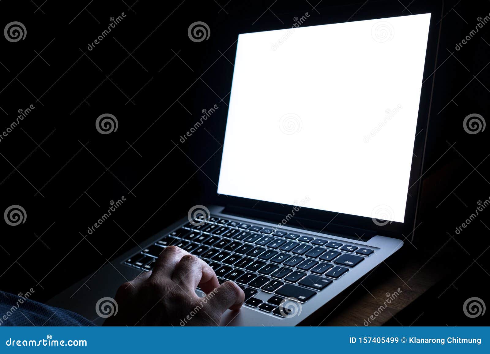 A Man Hand Using Laptop with Blank Screen at Night. Bedtime Working ...