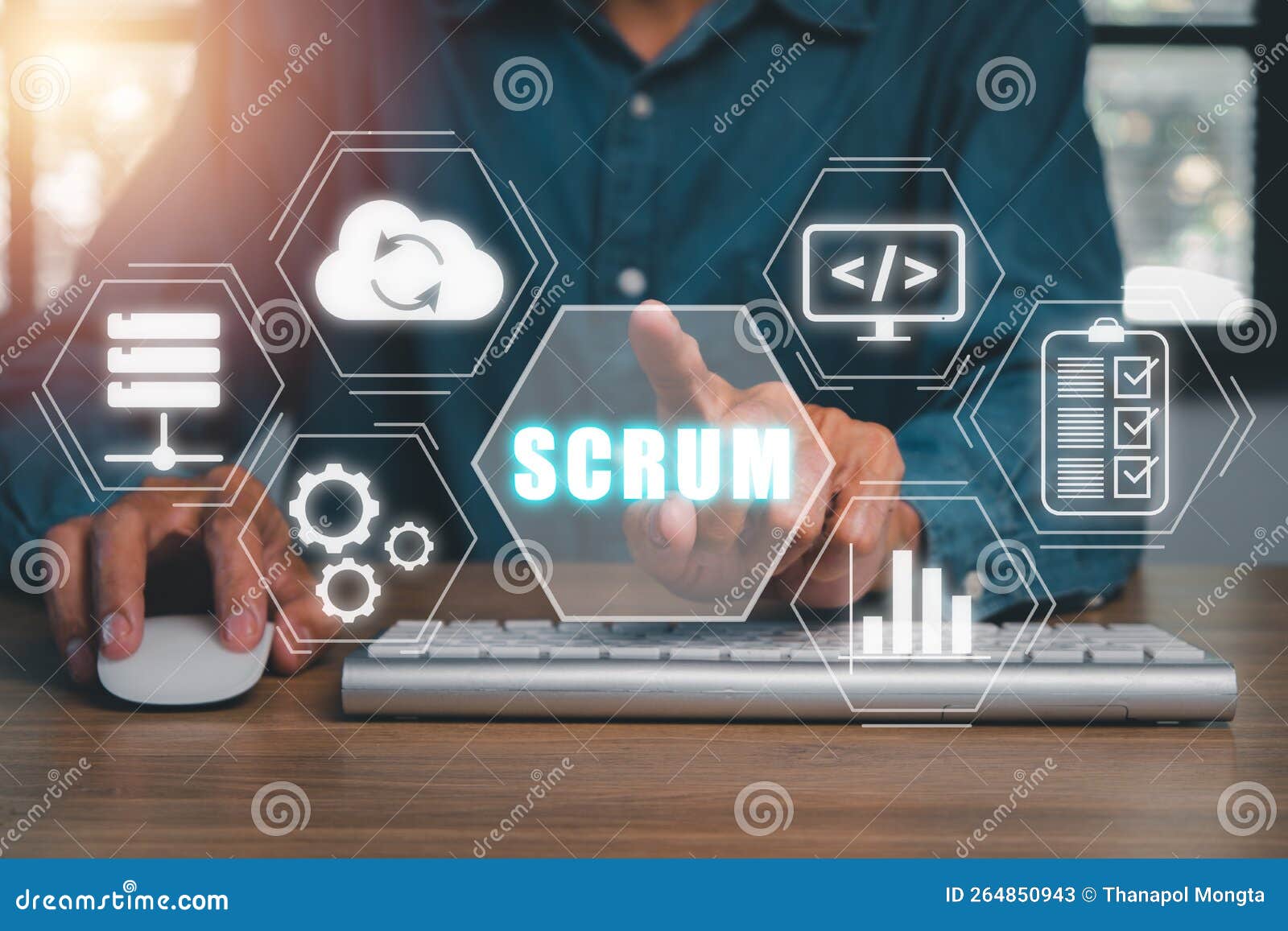 Man Hand Using Laptop Computer with SCRUM Icon on VR Screen, Agile ...